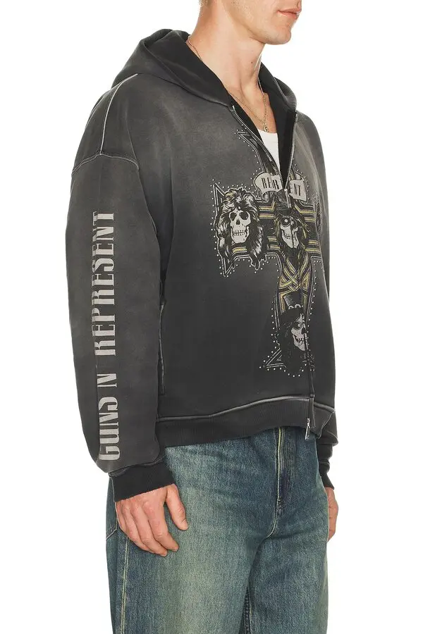 Represent X Guns N' Roses Cross Zip Through Hoodie - Stained Black